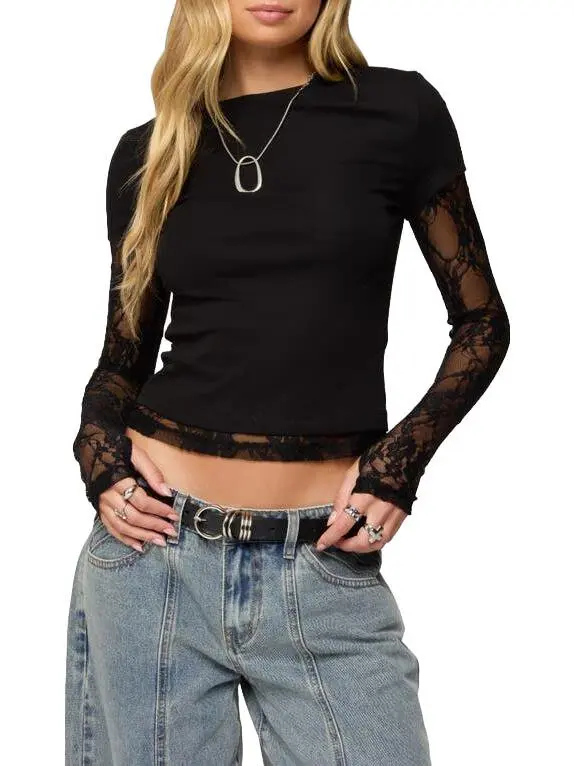 EDIKTED Layered Lace Sleeve T-shirt - Black