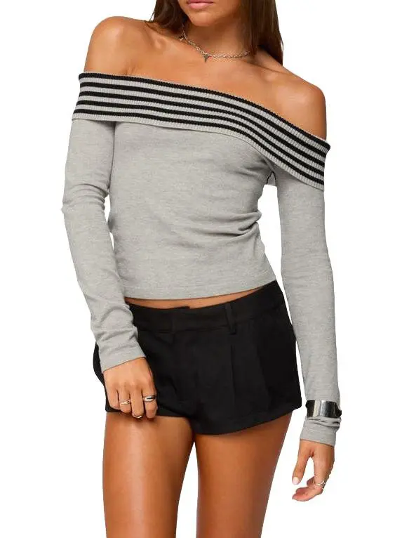 EDIKTED Striped Off-the-shoulder Top - Gray-melange