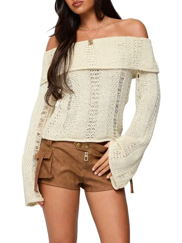 EDIKTED Distressed Foldover Off-the-shoulder Sweater - Cream