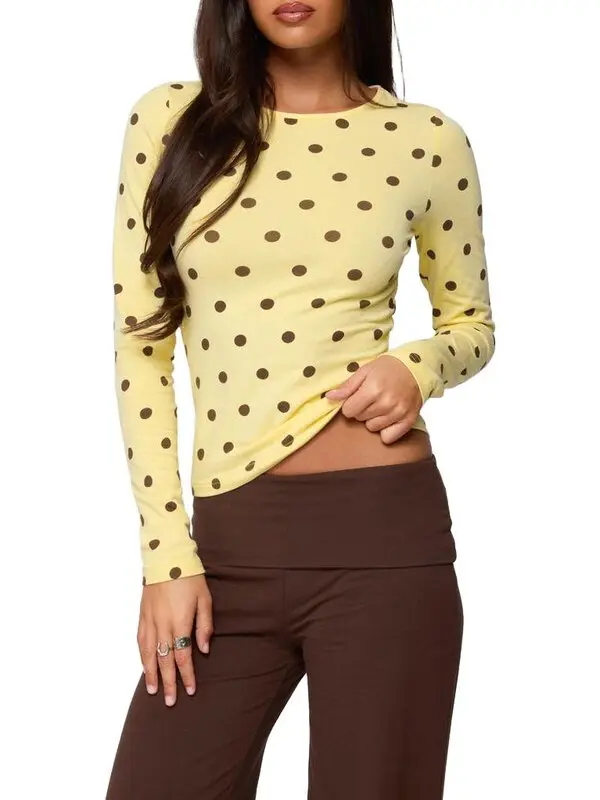 EDIKTED Polka Dot Long Sleeve Stretch Cotton Top - Yellow
