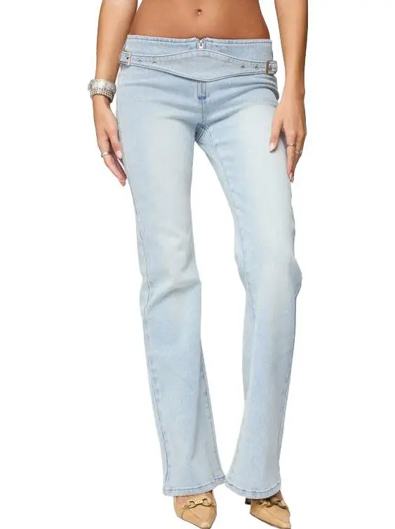 EDIKTED Kinza Belted Low Rise Flare Jeans - Light-blue