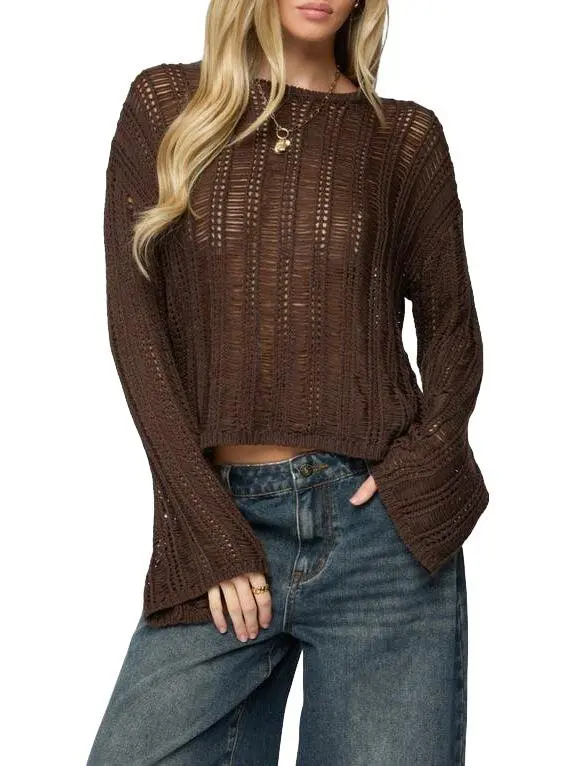 EDIKTED Jaide Sheer Ladder Open Stitch Sweater - Brown