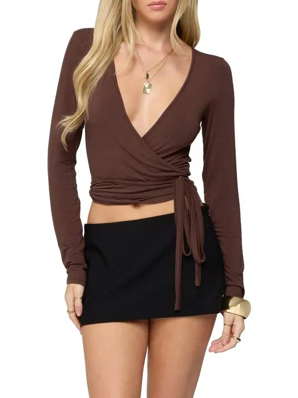 EDIKTED Malenna Wrap Crop Top - Brown