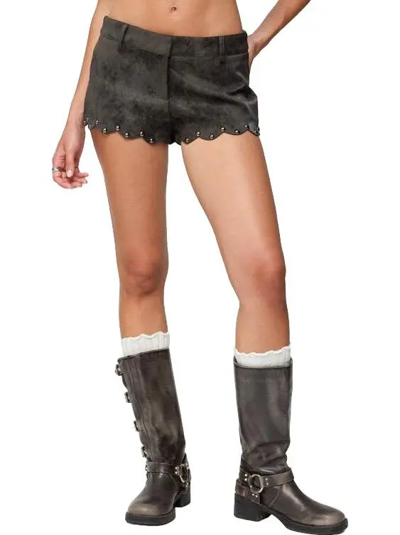 EDIKTED Zarina Studded Faux Suede Microshorts - Black