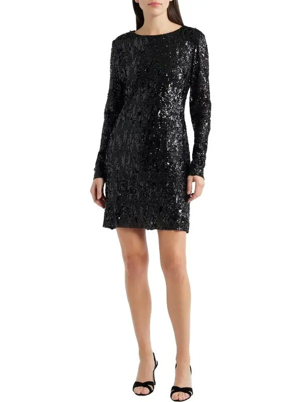 Sam Edelman Sequin Long Sleeve Mini Shift Dress - Black
