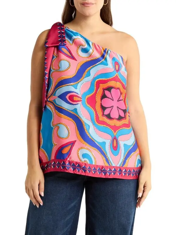 SUGARLIPS Abstract Print One-shoulder Top - Red-multi