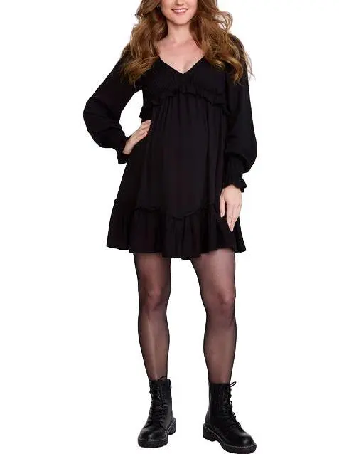 Motherhood Maternity V-neck Long Sleeve Smocked Tiered Short Dress - Black