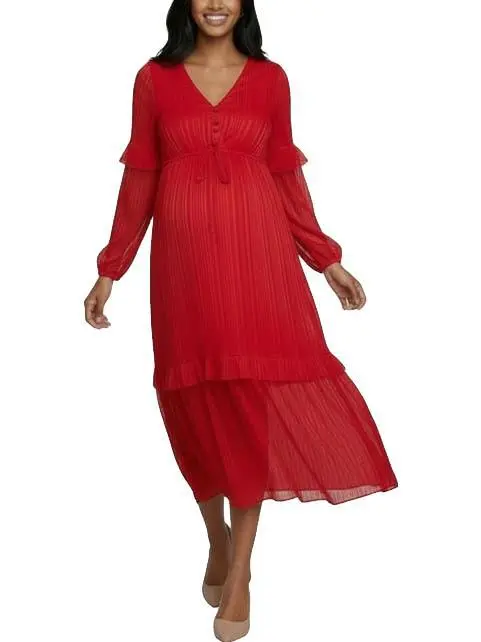 Motherhood Maternity V-neck Long Sleeve Tiered Maxi Dress - Bright Cherry
