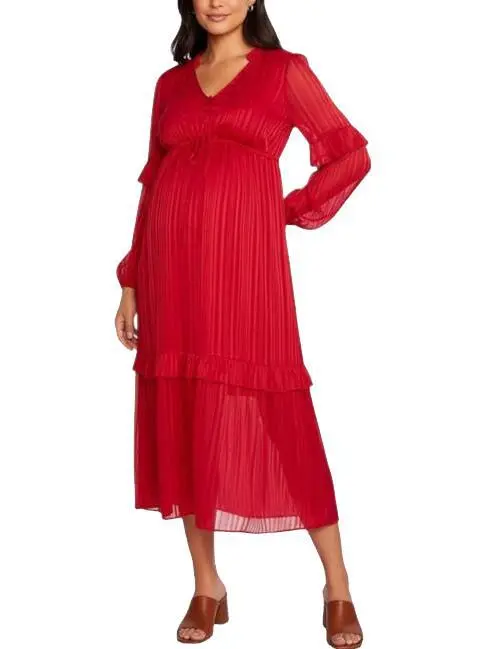 Motherhood Maternity V-neck Long Sleeve Tiered Maxi Dress - Bright Cherry
