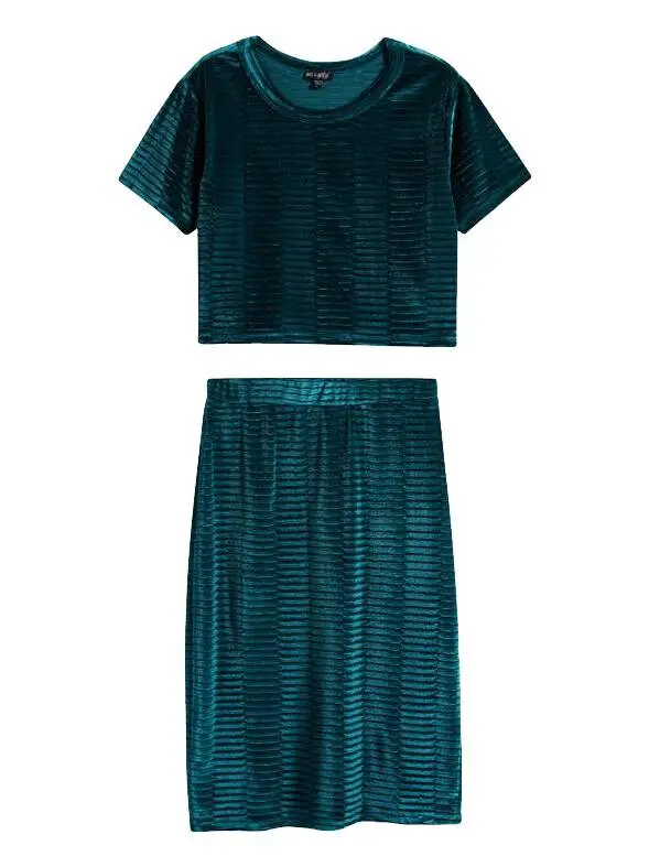 AVA & YELLY Textured Velvet Skirt And Top Set - Teal