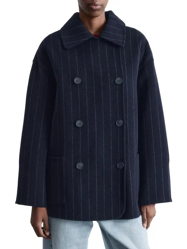 & Other Stories Chalk Stripe Wool Blend Cocoon Jacket - Navy