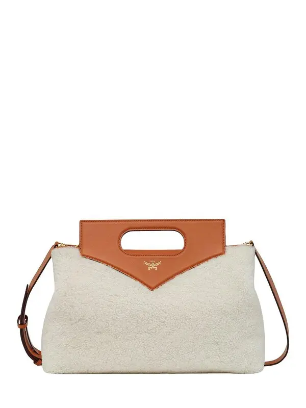 Mcm Shearling And Leather Shoulder Bag - White