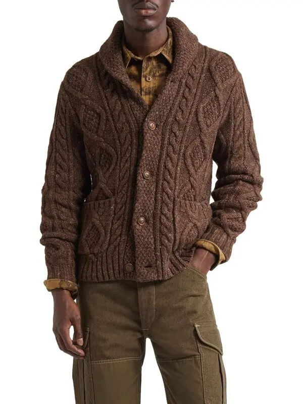 Double Rl Heathered Shawl Collar Cardigan - Brown Heather