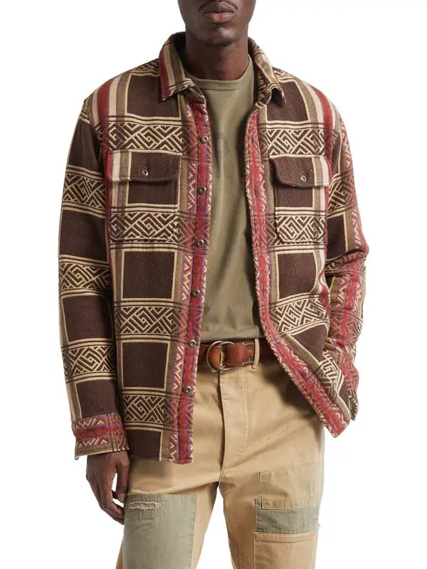 Double Rl Padded Jacquard Overshirt - Brown/olive