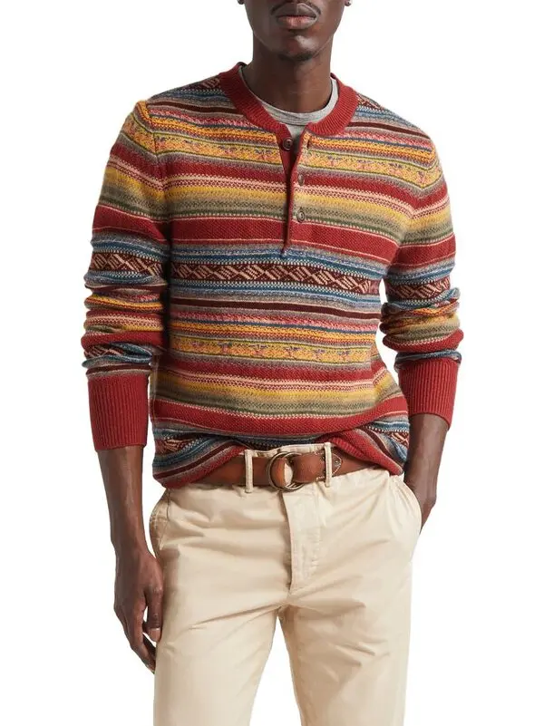Double Rl Striped Wool-blend Henley Sweater - Red Blue Multi