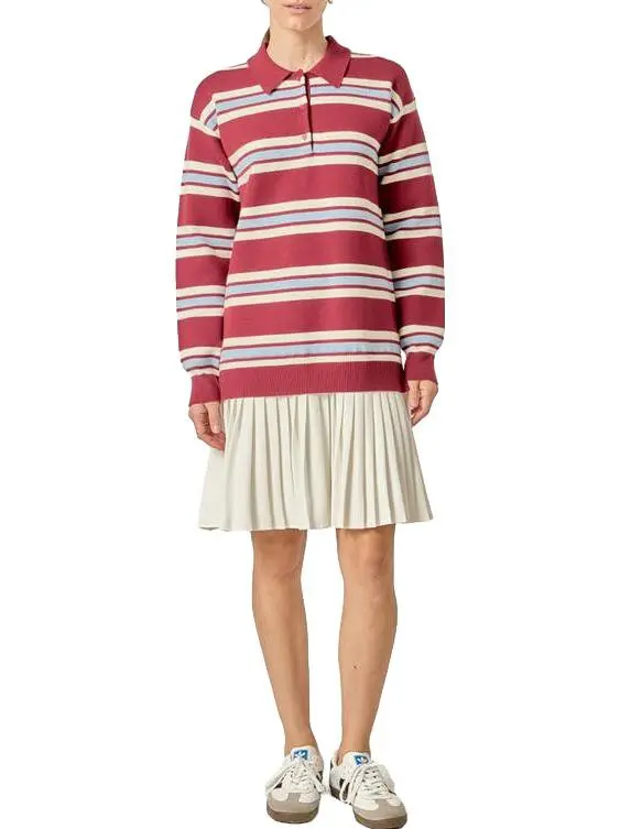 English Factory Stripe Long Sleeve Mixed Media Dress - Multi