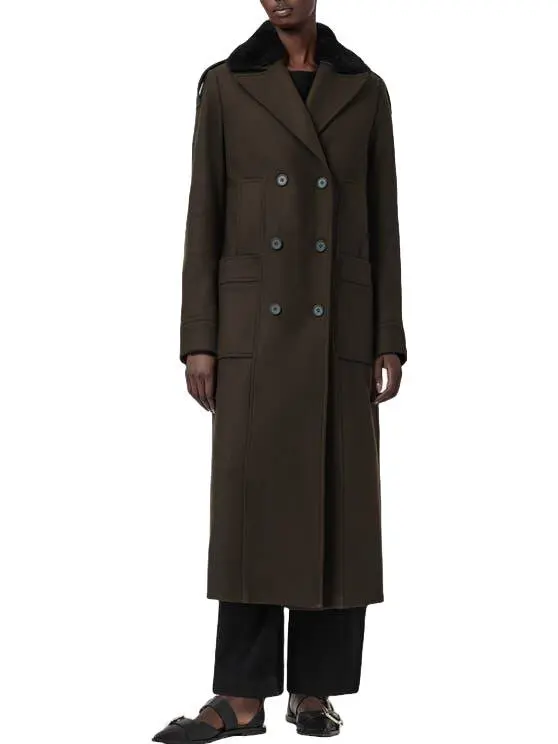 ALLSAINTS Millie Shearling Collar Wool Blend Long Coat - Khaki Green