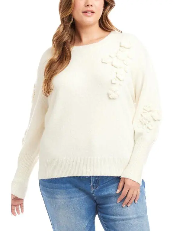 Karen Kane Rosette Hand-embroidered Crewneck Sweater - Oatmeal