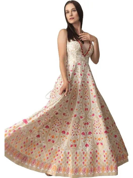 RAAS Embroidered Jacquard Silk Gown - White