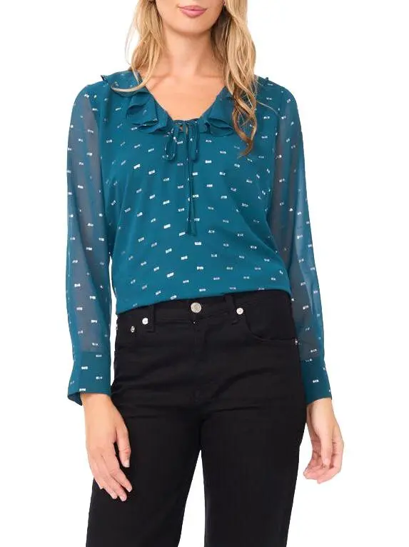 Vince Camuto Long Sleeve V-neck Ruffle Top - Deep Teal