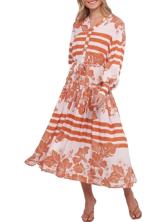 PETAL & PUP Jules Mixed Print Long Sleeve Dress - White/orange