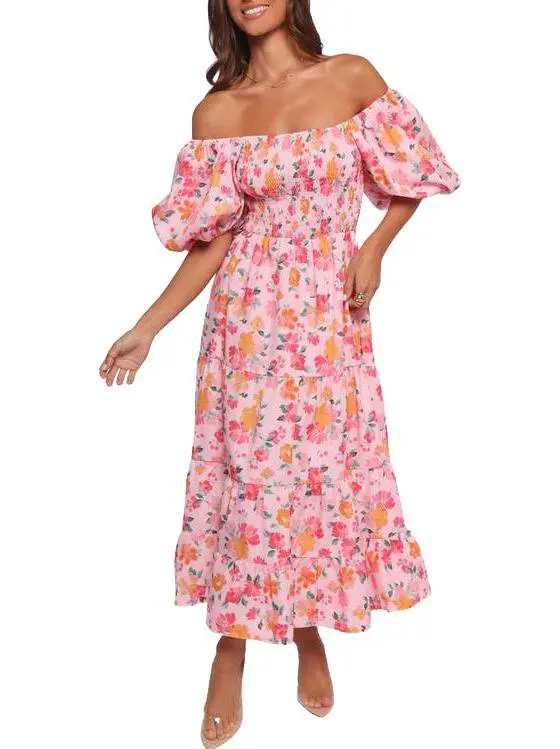 PETAL & PUP Floral Print Off The Shoulder Maxi Dress - Pink Floral