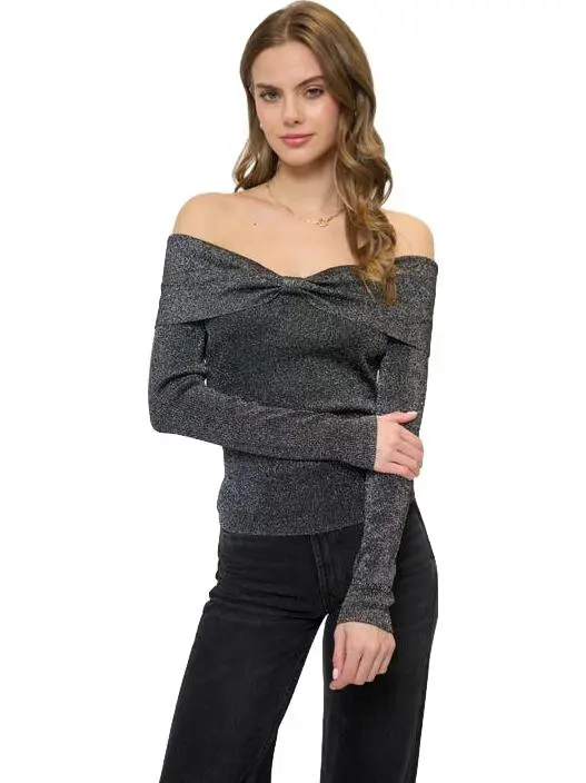 Central Park West Colette Ribbed Lurex Off The Shoulder Sweater - Black