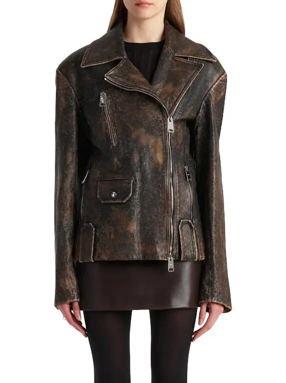 Khaite Catalina Distressed Suede Moto Jacket - Black/natural