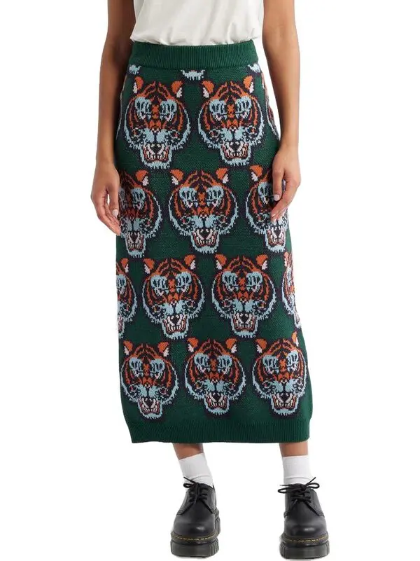 DRESSED IN LALA Wild Things Knit Midi Skirt - Green