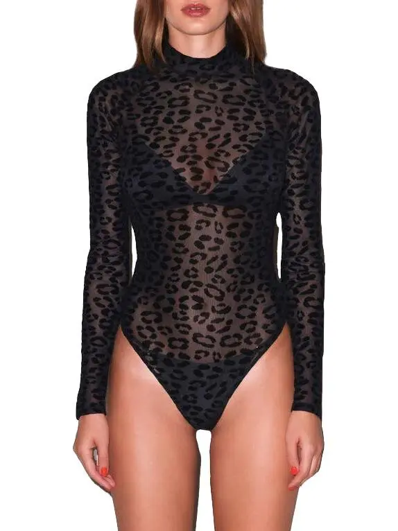 Fleur Du Mal Leopard Flocked Long Sleeve Sheer Bodysuit - Black