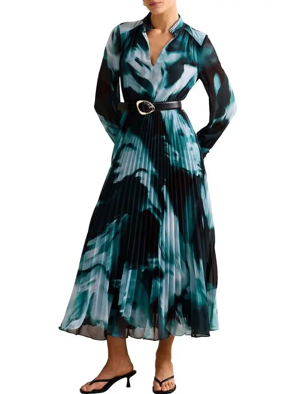 EVER NEW Abstract Print Long Sleeve Pleated Midi Dress - Green Odella