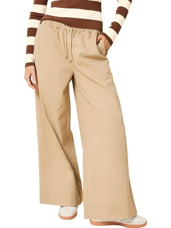 Solid & Striped Stretch Cotton Drawstring Wide Leg Pants - Camel