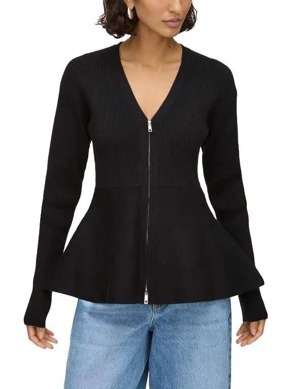 ALIGNE Peplum Detail Rib Zip Cardigan - Black