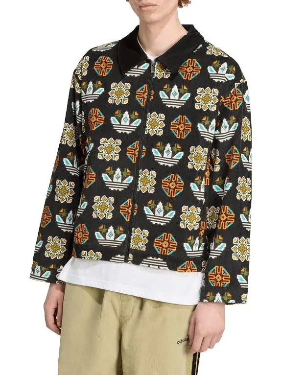 Adidas Monogram Print Corduroy Coach Jacket - Black