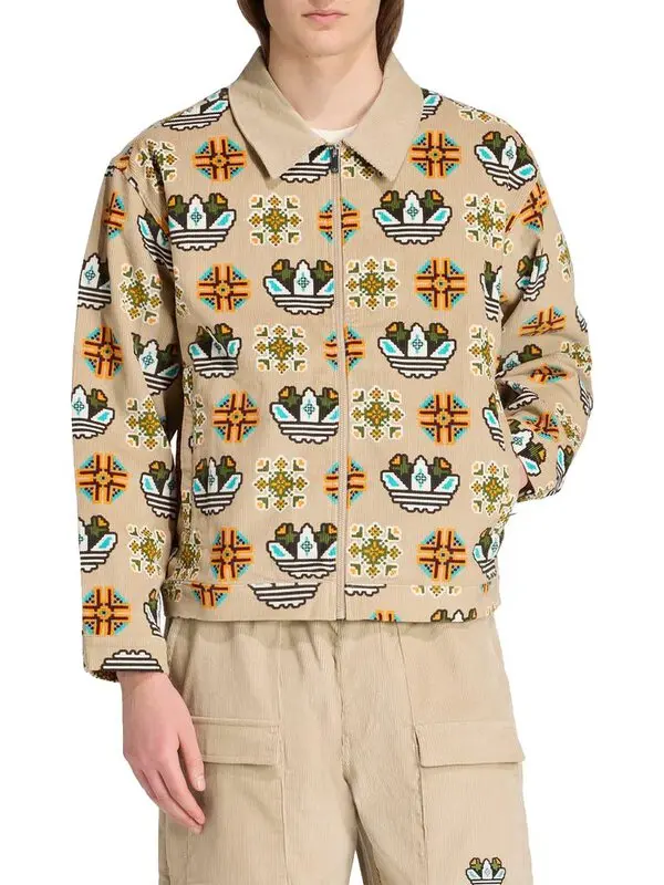 Adidas Monogram Print Corduroy Coach Jacket - Trace Khaki