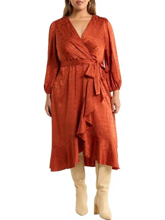 TAHARI ASL Long Sleeve Faux Wrap Dress - Persimmon
