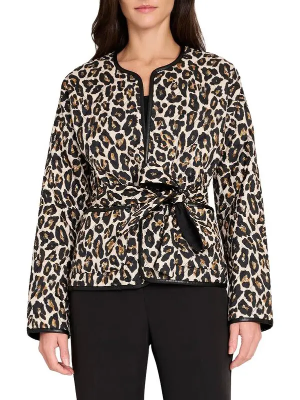 TAHARI ASL Quilted Reversible Jacket With Removable Sash - Natural Leopard