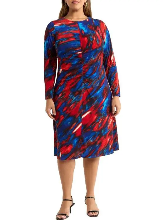 TAHARI ASL Ruched Long Sleeve Dress - Red Blue