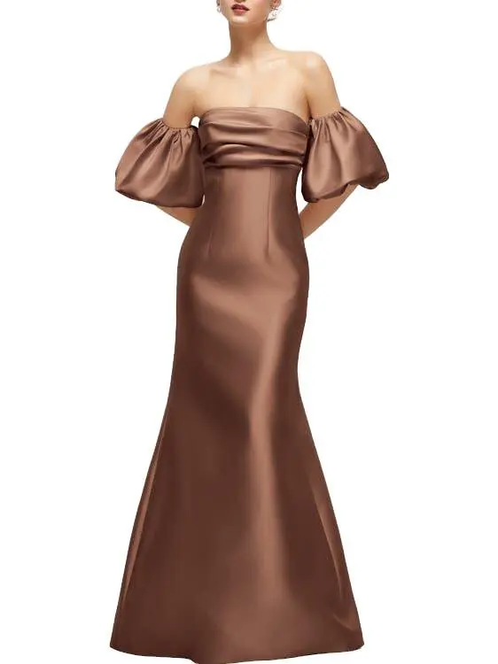 Alfred Sung Off-the-shoulder Puff Sleeve Satin Gown - Cognac