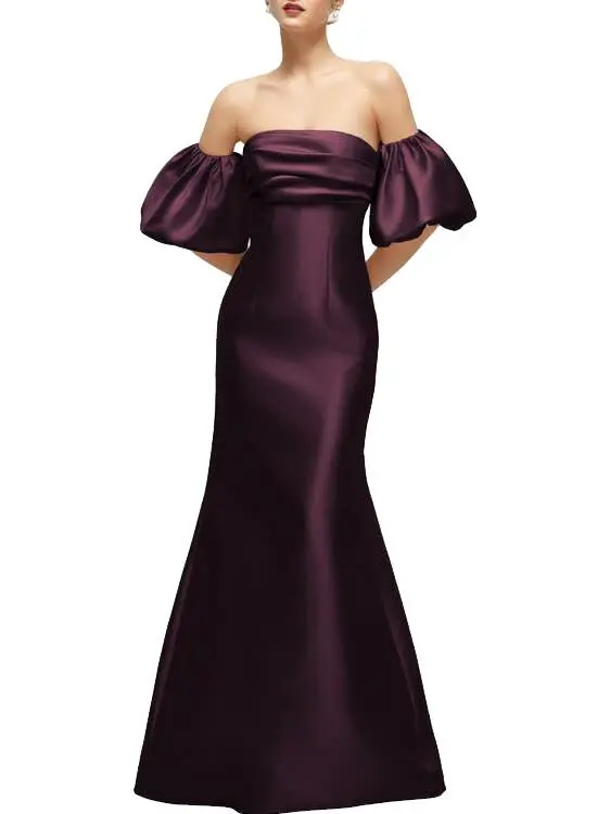 Alfred Sung Off-the-shoulder Puff Sleeve Satin Gown - Deep Plum