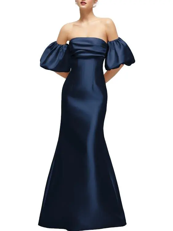 Alfred Sung Off-the-shoulder Puff Sleeve Satin Gown - Midnight