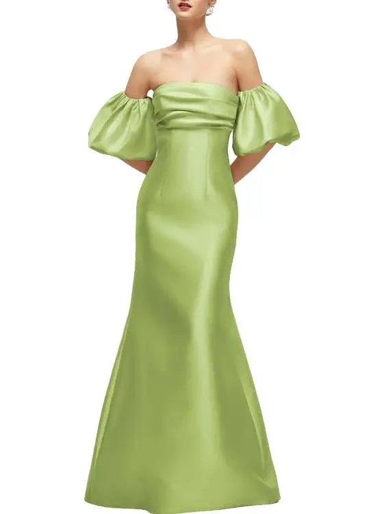 Alfred Sung Off-the-shoulder Puff Sleeve Satin Gown - Mojito