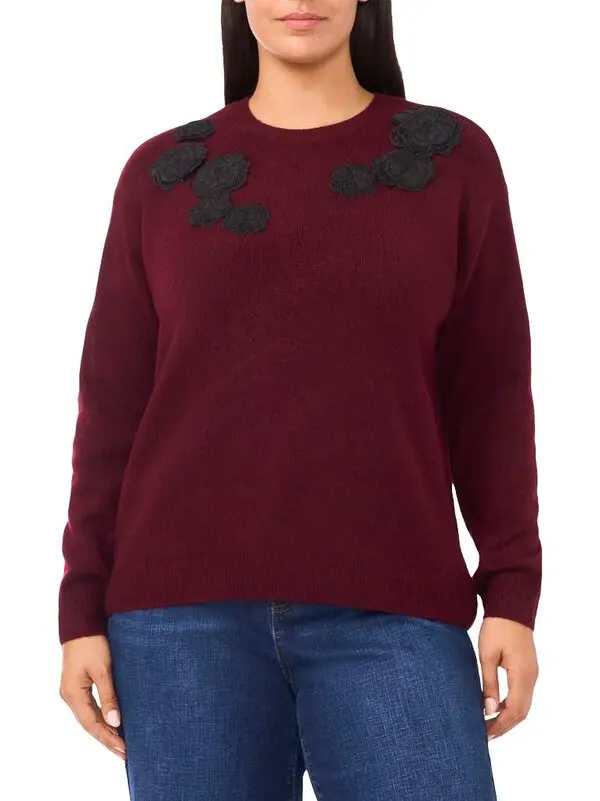 CECE DUPRAZ Floral Appliqué Crewneck Sweater - Wine