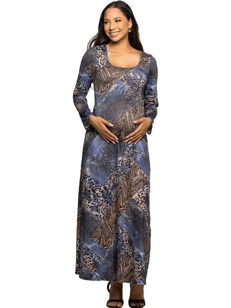 24SEVEN COMFORT APPAREL Animal Print Long Sleeve Maxi Dress - Blue Multi