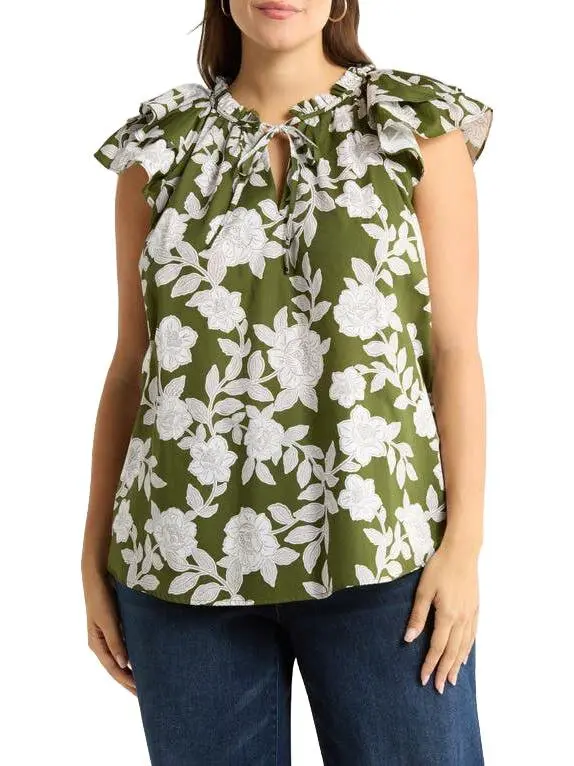 SUGARLIPS Floral Print Cap-sleeve Shirt - Cream-green