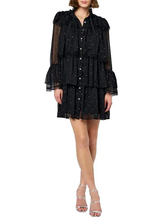 CIEBON Metallic Fleck Eyeleash Lace Mini Dress - Black