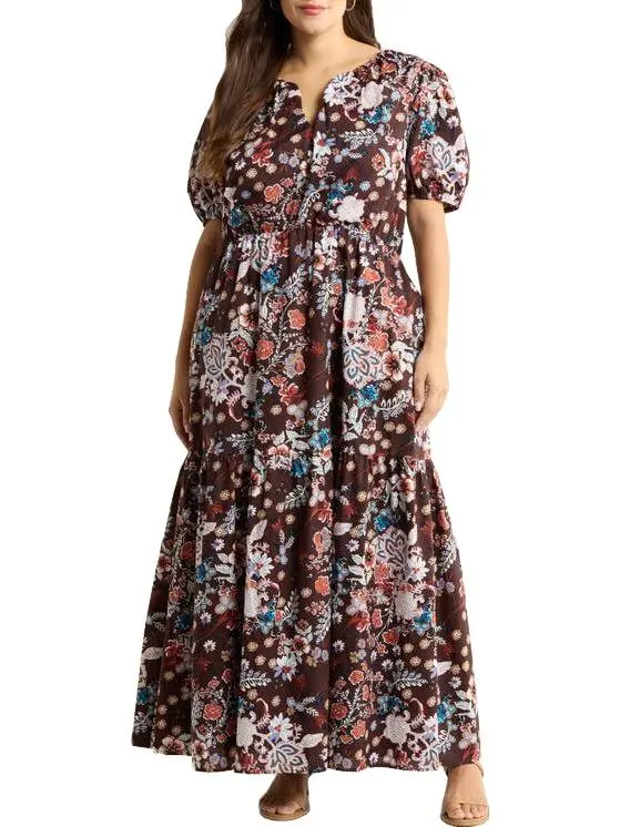 SUGARLIPS Floral Print Puff Sleeve Maxi Dress - Brown