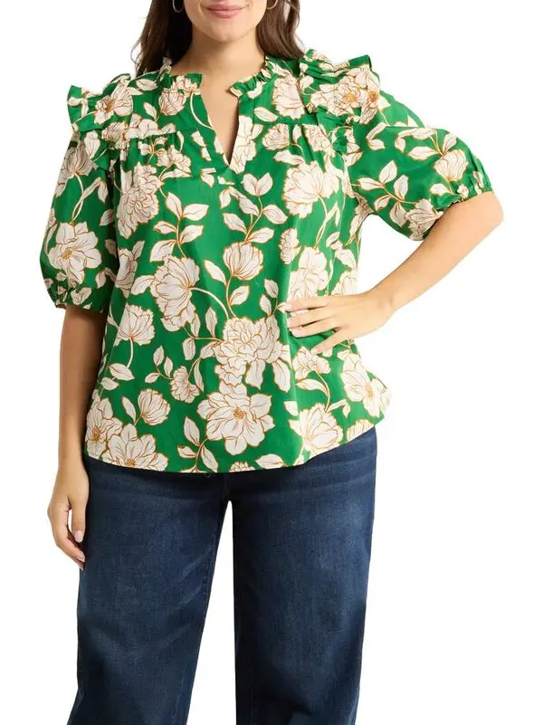 SUGARLIPS Floral Print Cotton Poplin Shirt - Green-multi