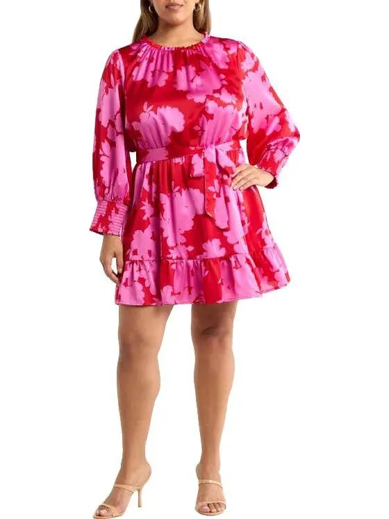 SUGARLIPS Floral Print Long Sleeve Mini Dress - Cherry-pink