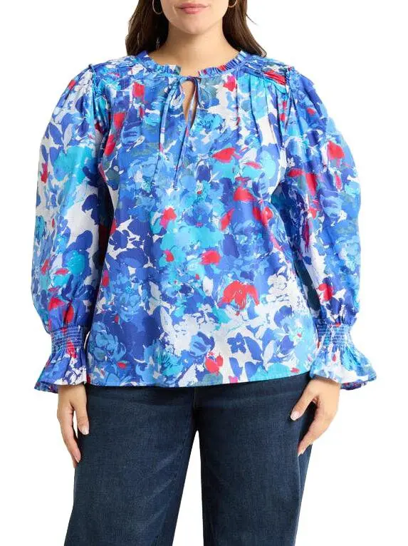 SUGARLIPS Floral Print Long Sleeve Shirt - Cream-blue